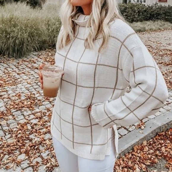 Sweaters | Cozy Striped Plaid Turtleneck Oversized Side Slit Sweater ...
